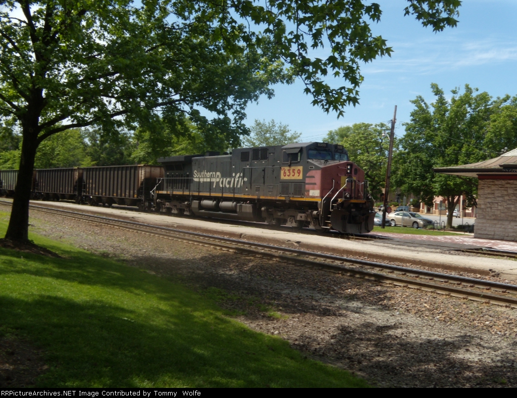 UP 6359 is an patched SP AC44CW serves as the DPU on an empty coal